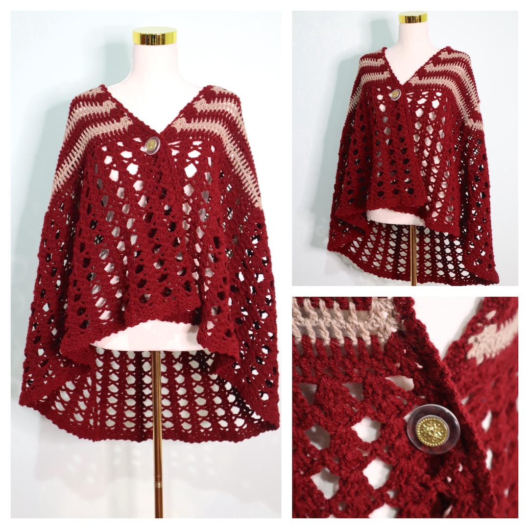 Vintage 60s ,70s Crochet Poncho, Maroon 70s Poncho, Pattern Poncho ...