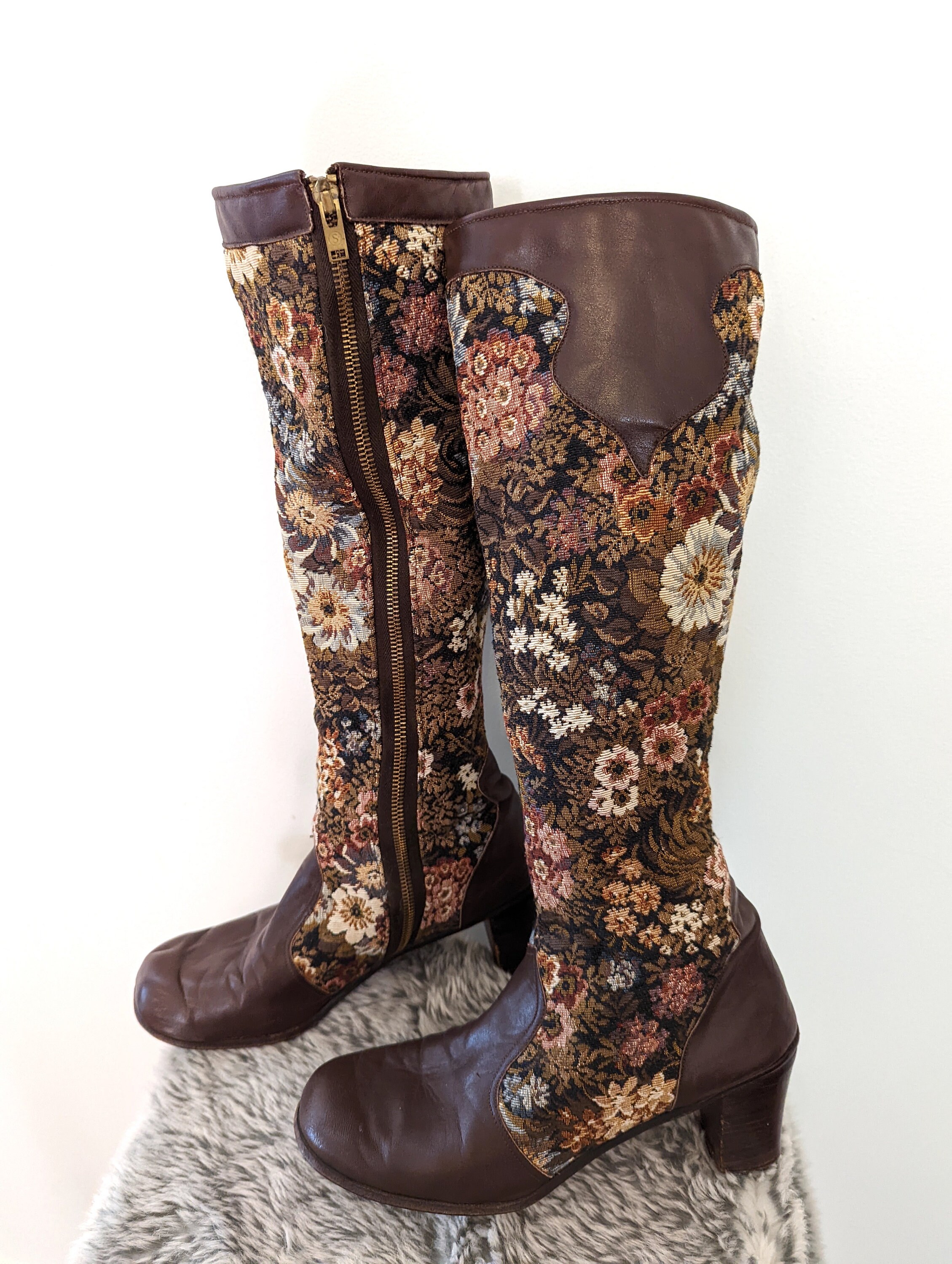 Vintage 1960s 1970s Boots, 60s Penny Lane Boots, 70s Brown Floral ...