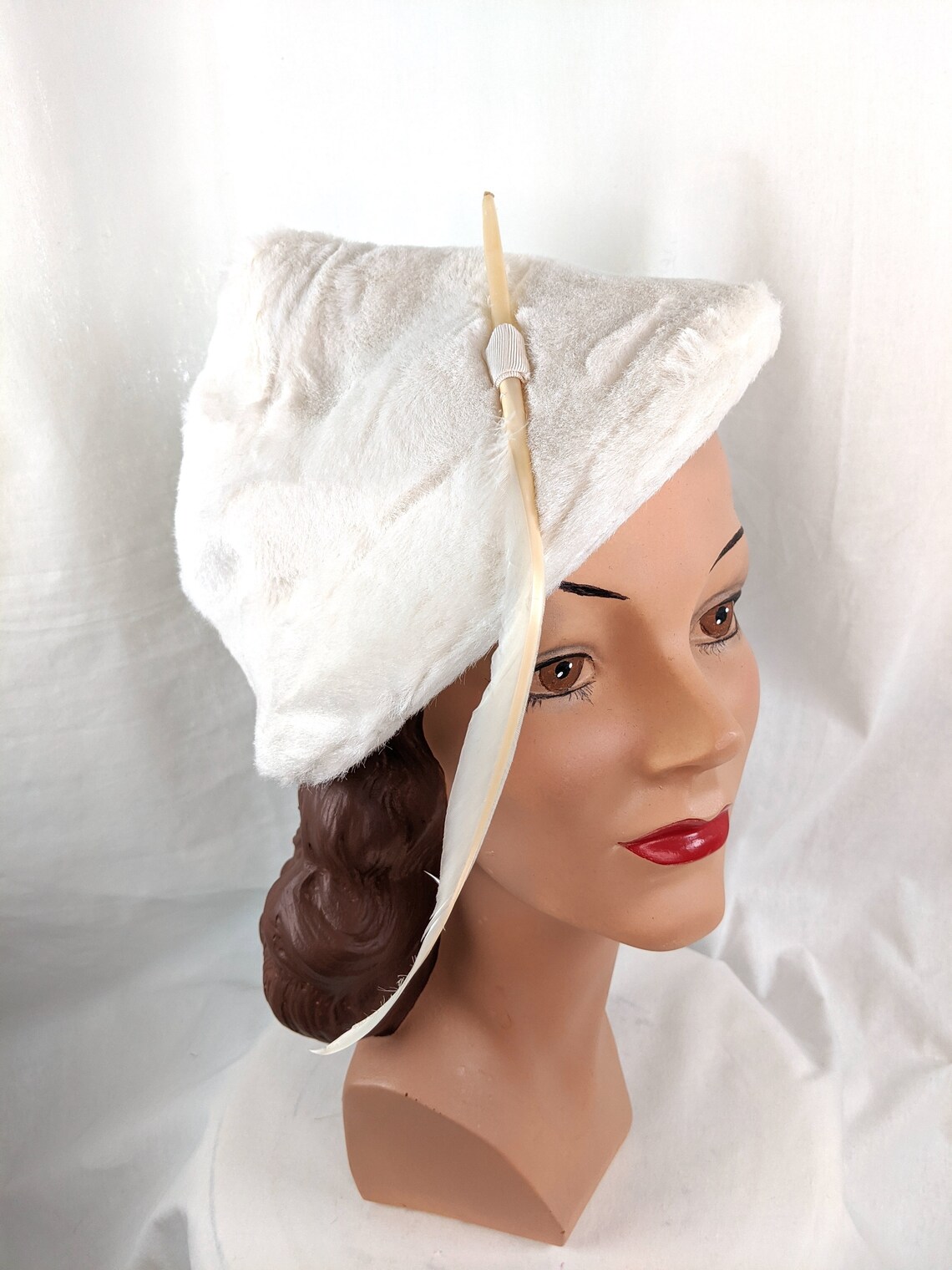 Vintage 1950s Snow White Faux Fur Cone Hat Feather Trim Winter | Etsy