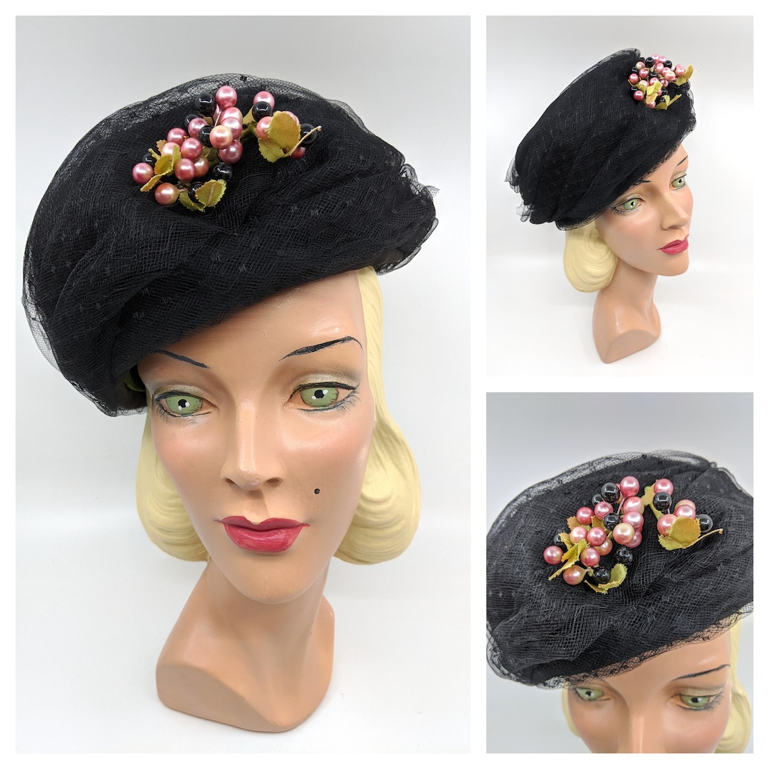 Vintage 50s 60s Pill Box Hat ' ISABELLE ' Black Tulle Net Flowers ...