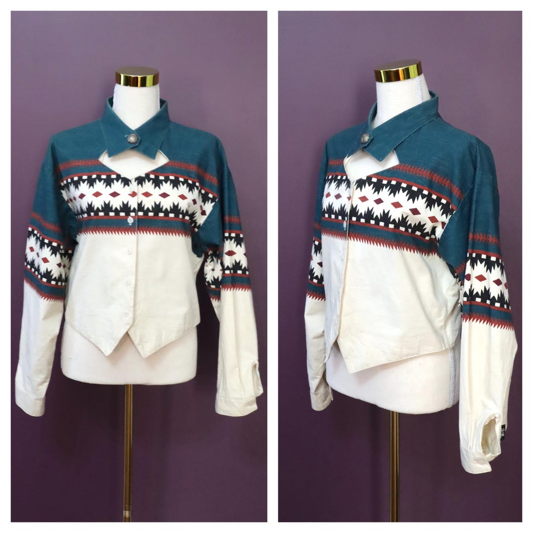 Vintage 1990s Western Aztec Cowboy Prairie Chambray Shirt - Brookes ...