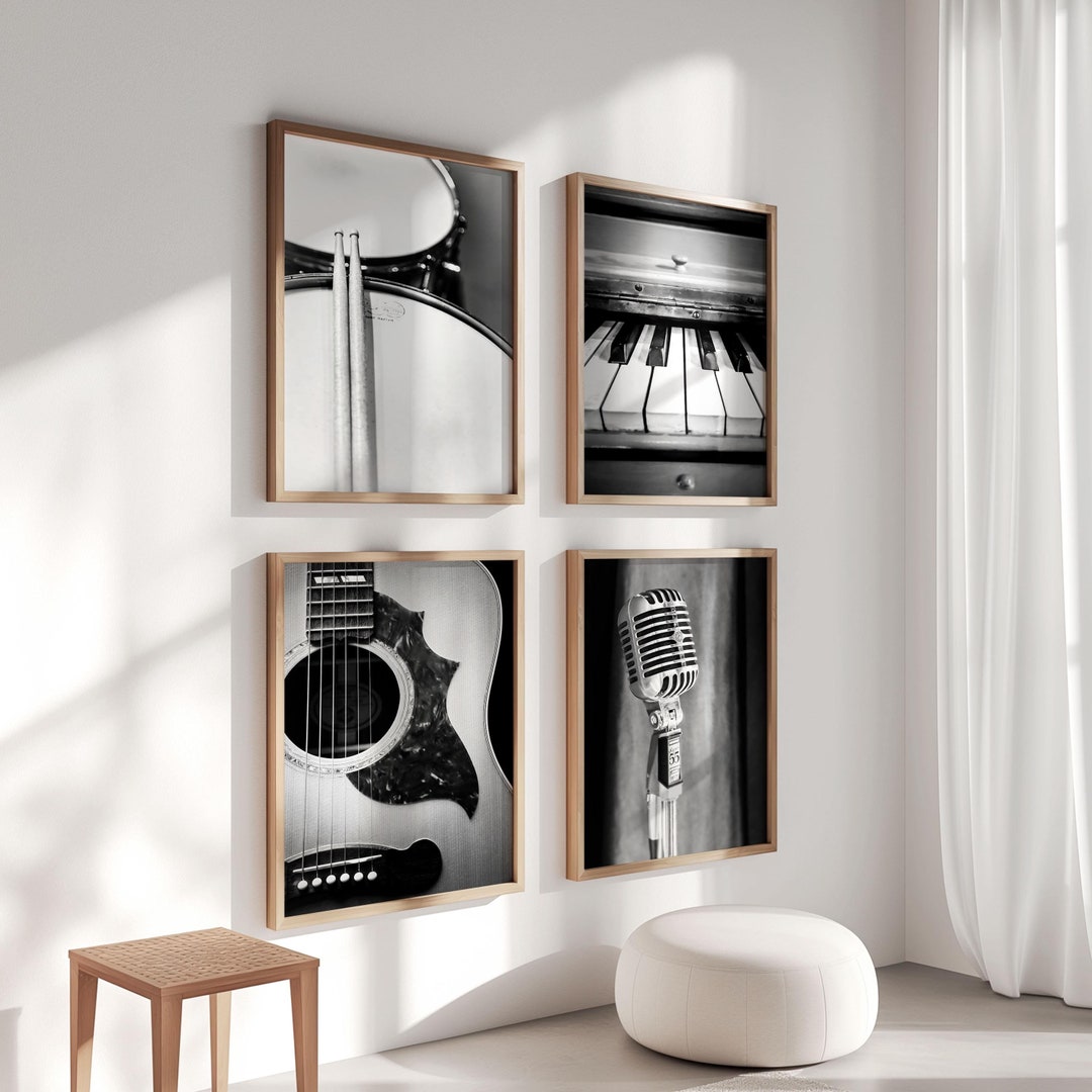 Music Art, Set of 4, Music Prints Black and White Photography Guitar ...