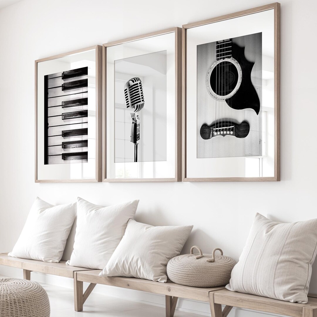 Music Art, Set of 3 Music Prints, Black and White Photography, Guitar ...