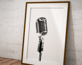 Microphone Print Printable Music Art Black and White - Etsy