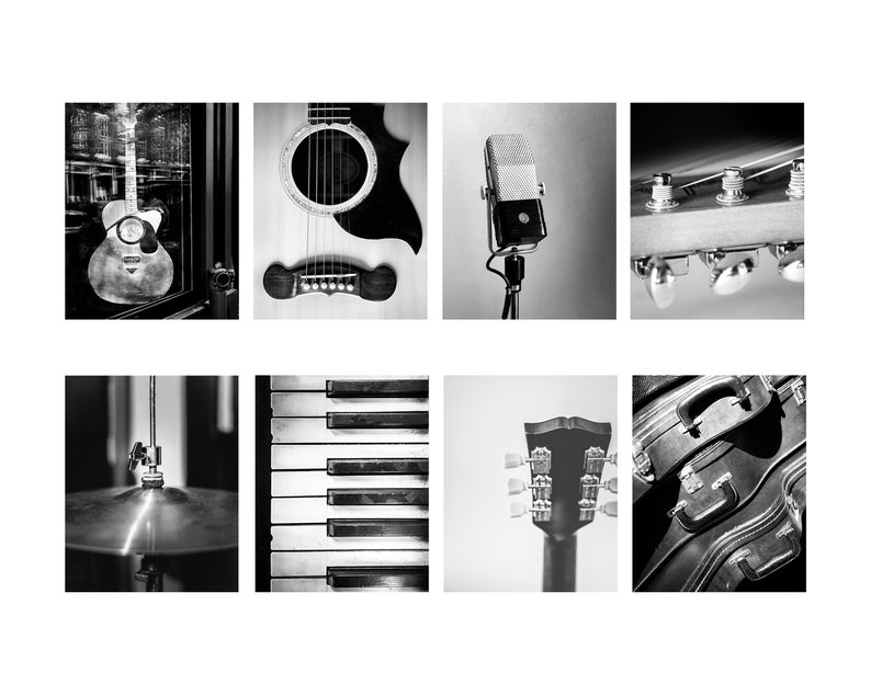 Music Art, Print Set of 8, Black and White Photography, Music Gallery ...