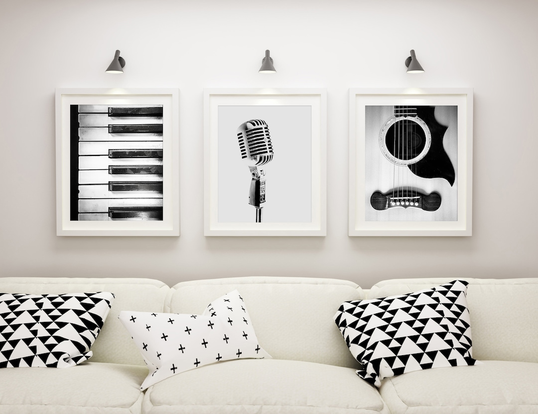 Music Art, Set of 3 Music Prints, Black and White Photography, Guitar ...