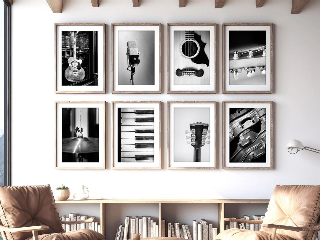 Music Art, Print Set of 8, Black and White Photography, Music Gallery ...