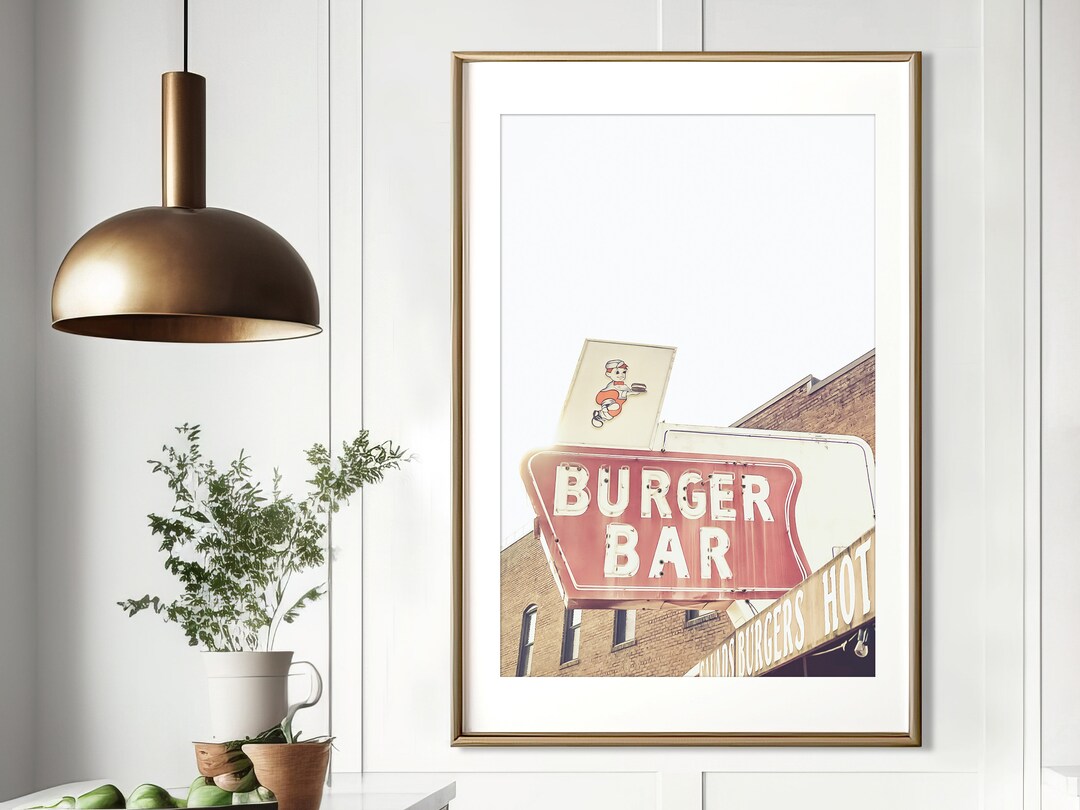 Burger Art, Vintage Burger Bar Sign Retro Burger Print Boho Kitchen Art ...