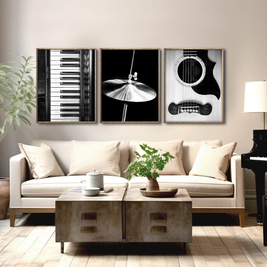 Music Art, Set of 3 Music Prints, Black and White Photography, Guitar ...