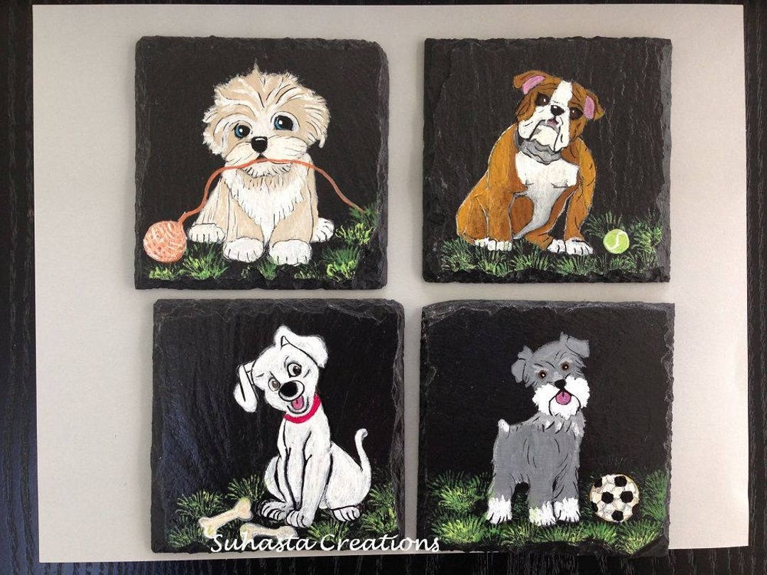 Hand-painted Dog Slate Tile Coasters: Playful Doggie Theme, Set of 4 - Etsy
