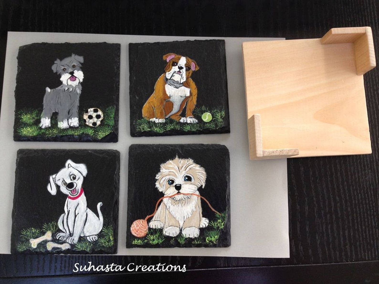 Hand-painted Dog Slate Tile Coasters: Playful Doggie Theme, Set of 4 - Etsy