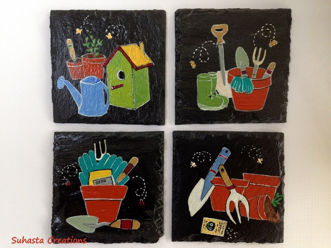 Hand-painted Slate Tile Coasters: Garden Tools Theme, Set of 4 - Etsy