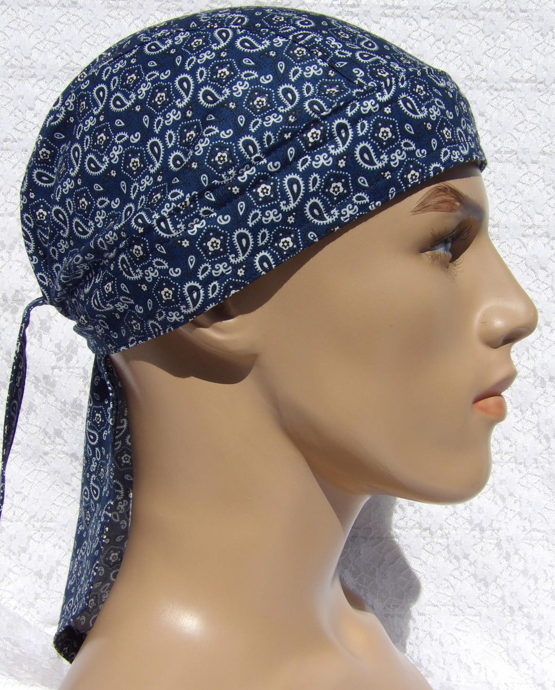 Navy Blue Bandana Skull Cap, Doo Rag, Chemo Hair Loss Hat With a Cotton ...