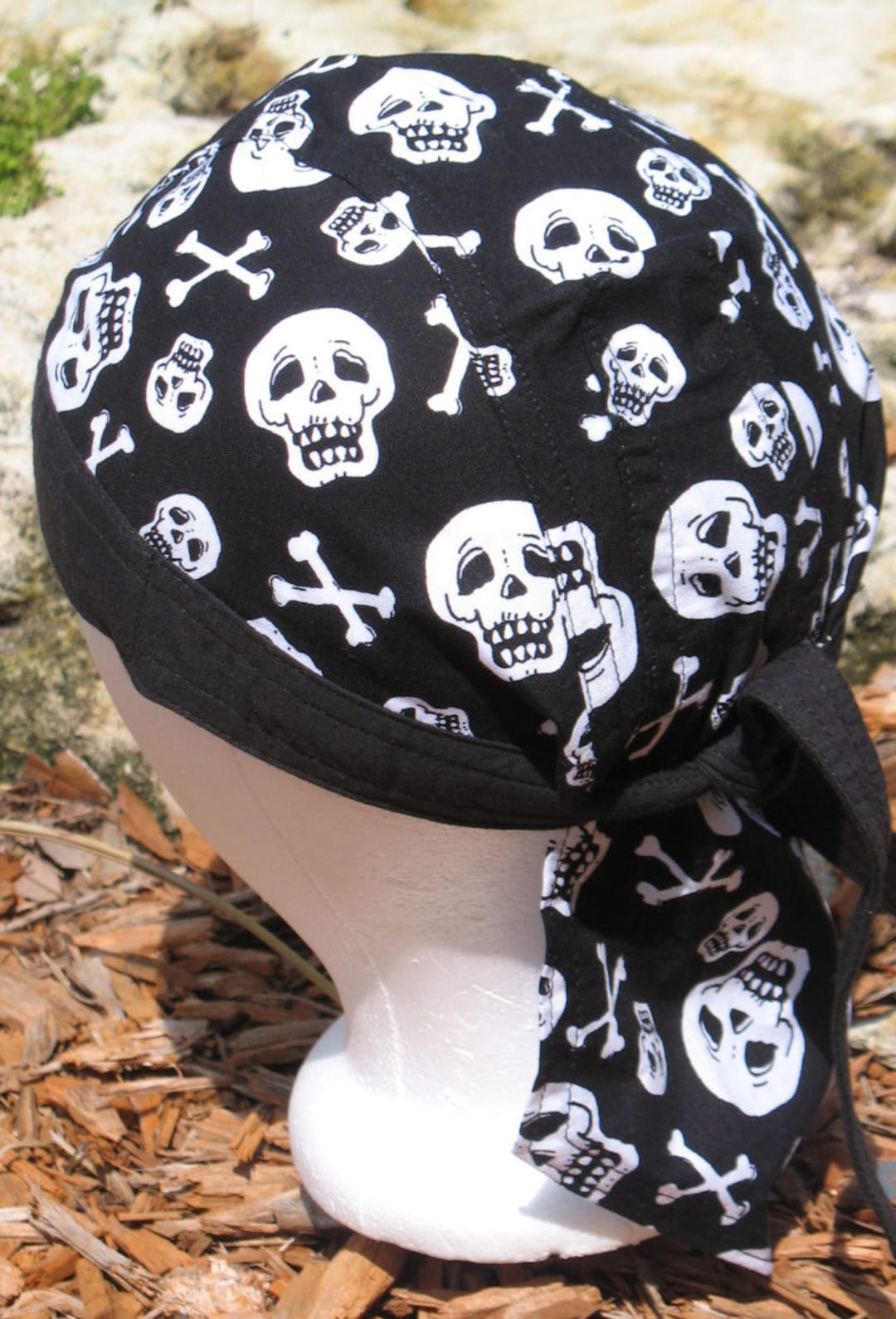 Handmade Black Skeleton Skull Cap Bandana Hat Chemo Hat With Sweatband ...