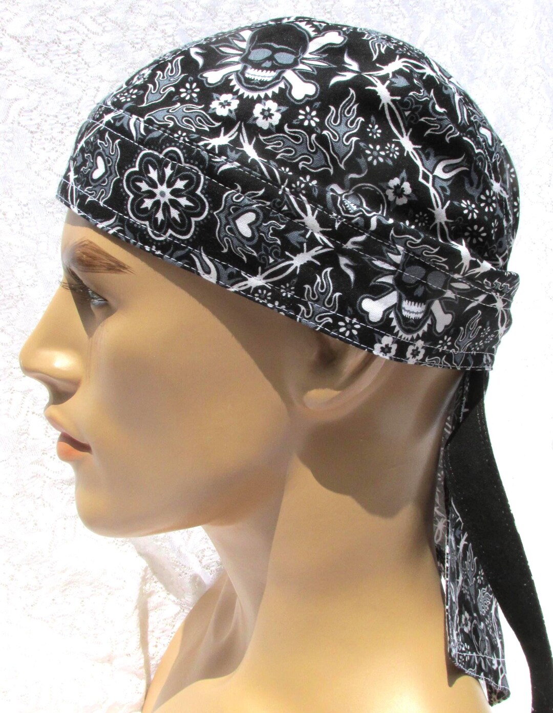 Handmade Black Skull Cap Doo Rag Bandana Hat Chef Hat With Sweatband ...