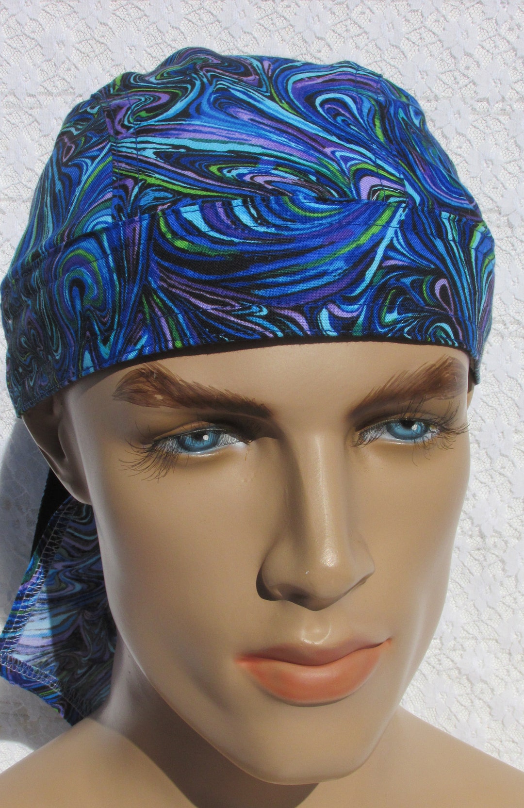 Handmade Blue Skull Cap Cancer Hair Loss Bandana Hat With Sweatband. - Etsy