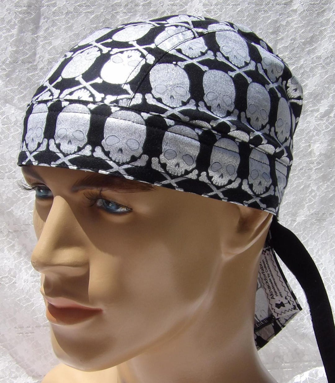Metallic Silver Cross Bones Skull Cap, Doo Rag, Bandana Hat With a ...