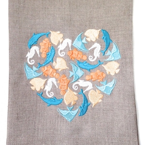 Tea Towel, Guest Towel, Hand Towel. Fish Heart Embroidered on Natural ...