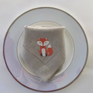Embroidered Linen Cloth Napkins With Fox. Fine Table Linens. Table ...