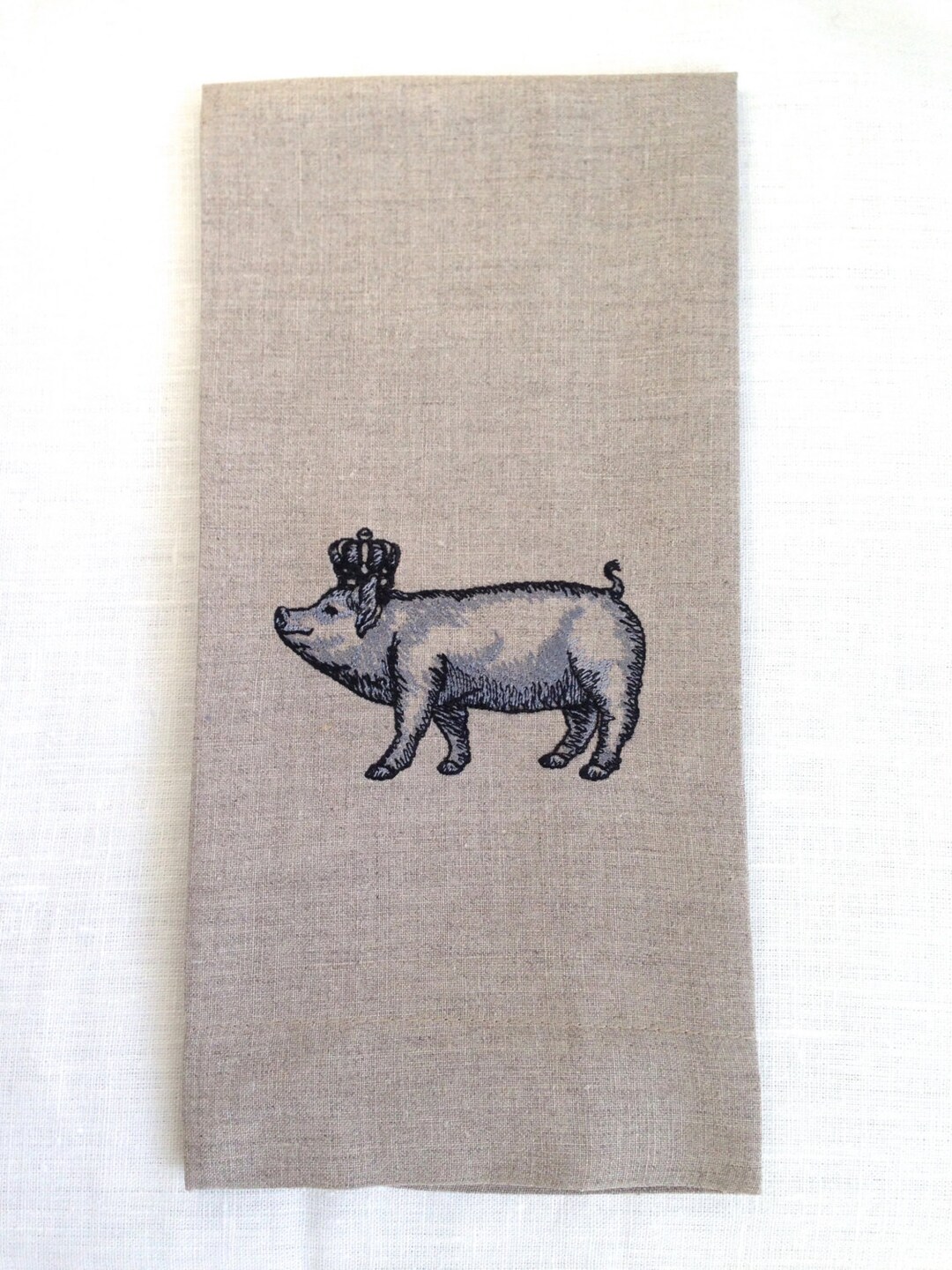 Embroidered Tea Towel, Guest Towel Royal Pig on Linen Pig Lovers ...
