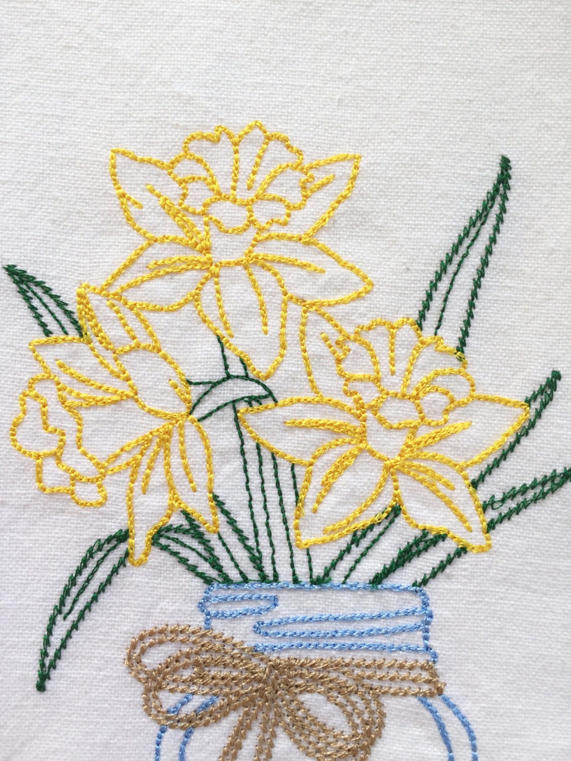 Embroidered Daffodil in Mason Jar Kitchen Towel 100% Cotton | Etsy