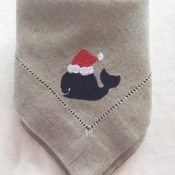 Embroidered Linen Cloth Napkins Whale with Santa Hat. | Etsy