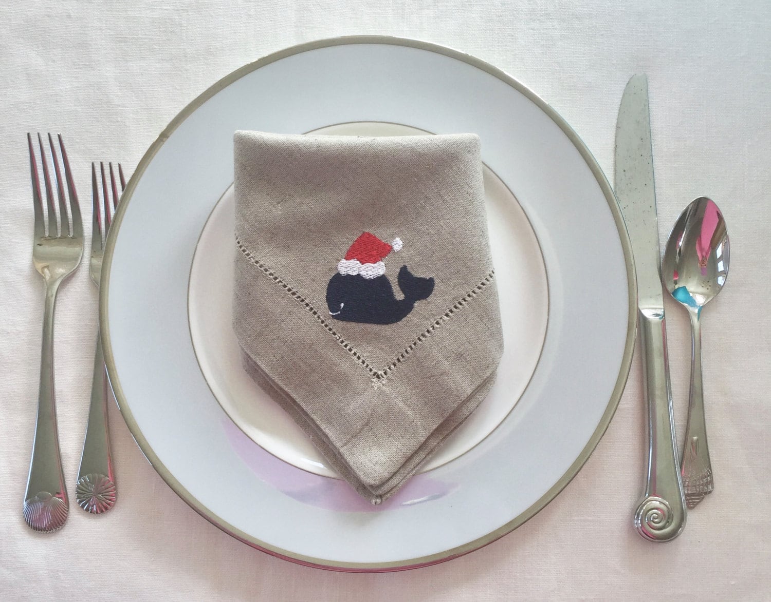 Embroidered Linen Cloth Napkins Whale With Santa Hat. - Etsy