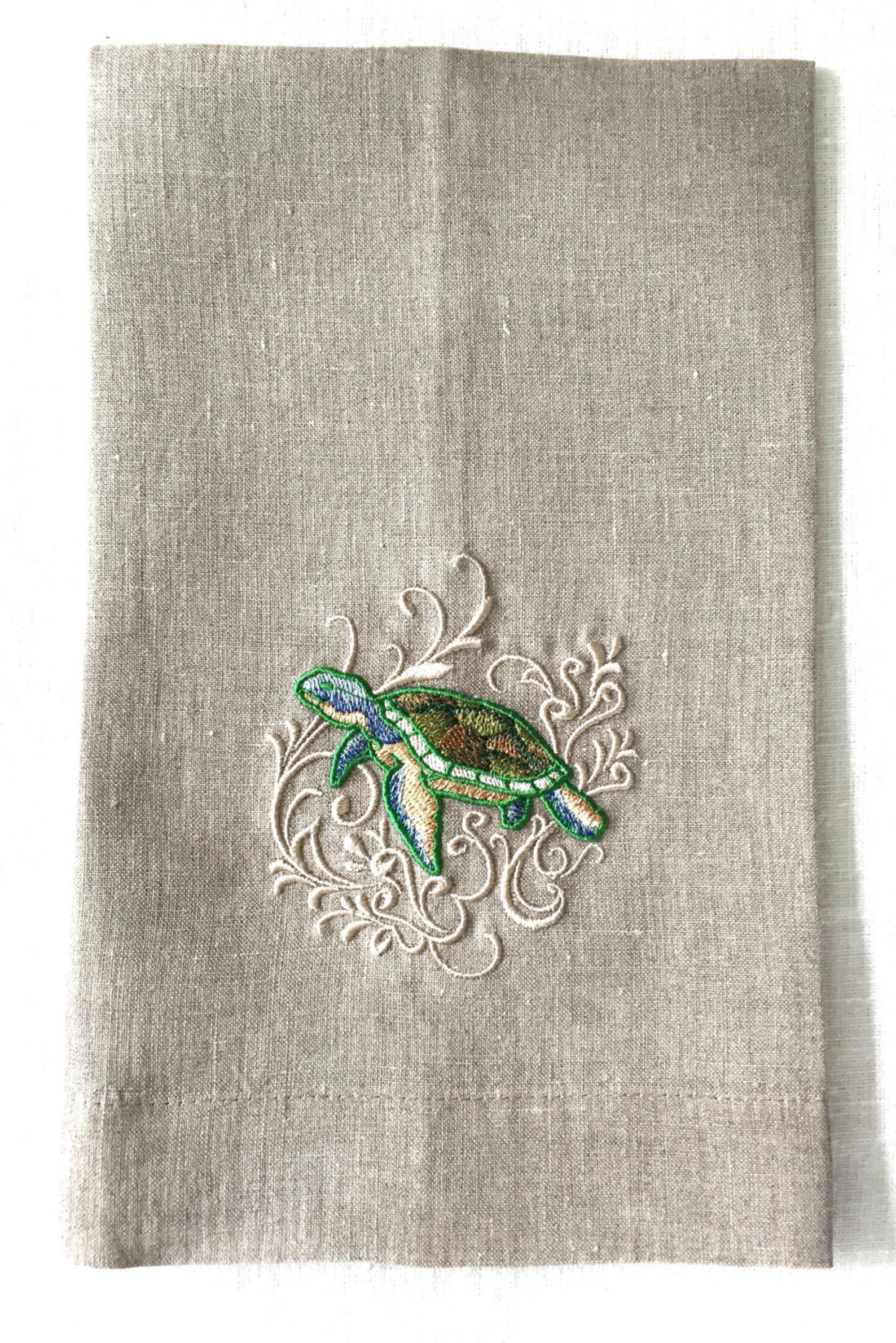 Sea Turtle Tea Towel or Guest Towel Embroidered on Natural | Etsy
