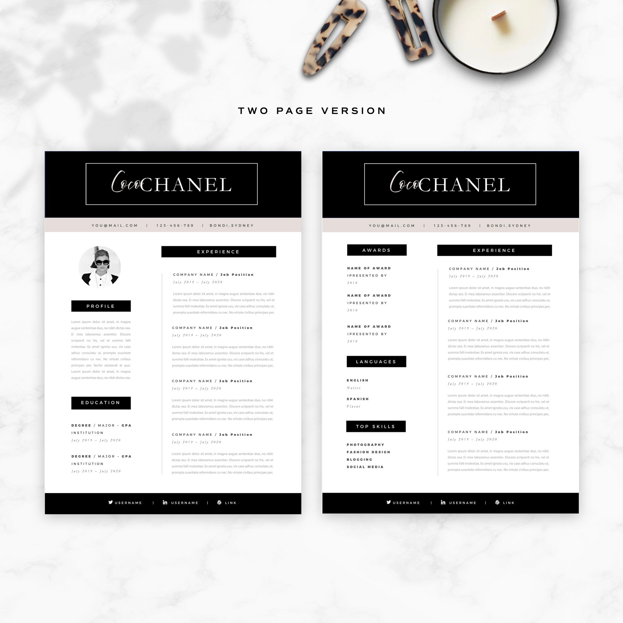 Resume Template 3 Page coco Chanel CV Template - Etsy Canada