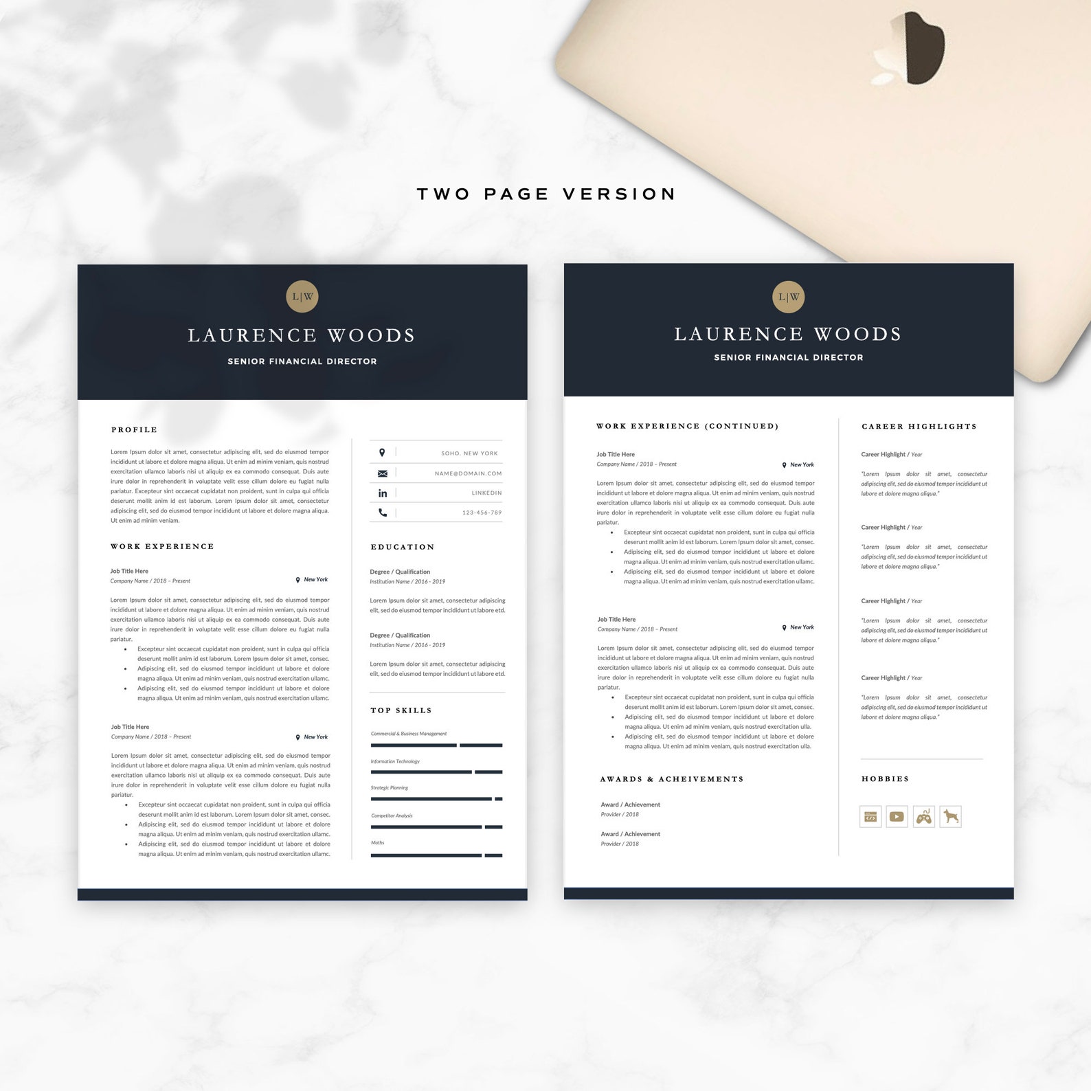 Resume Template 2 Page Navy Blue CV Template Cover Letter | Etsy