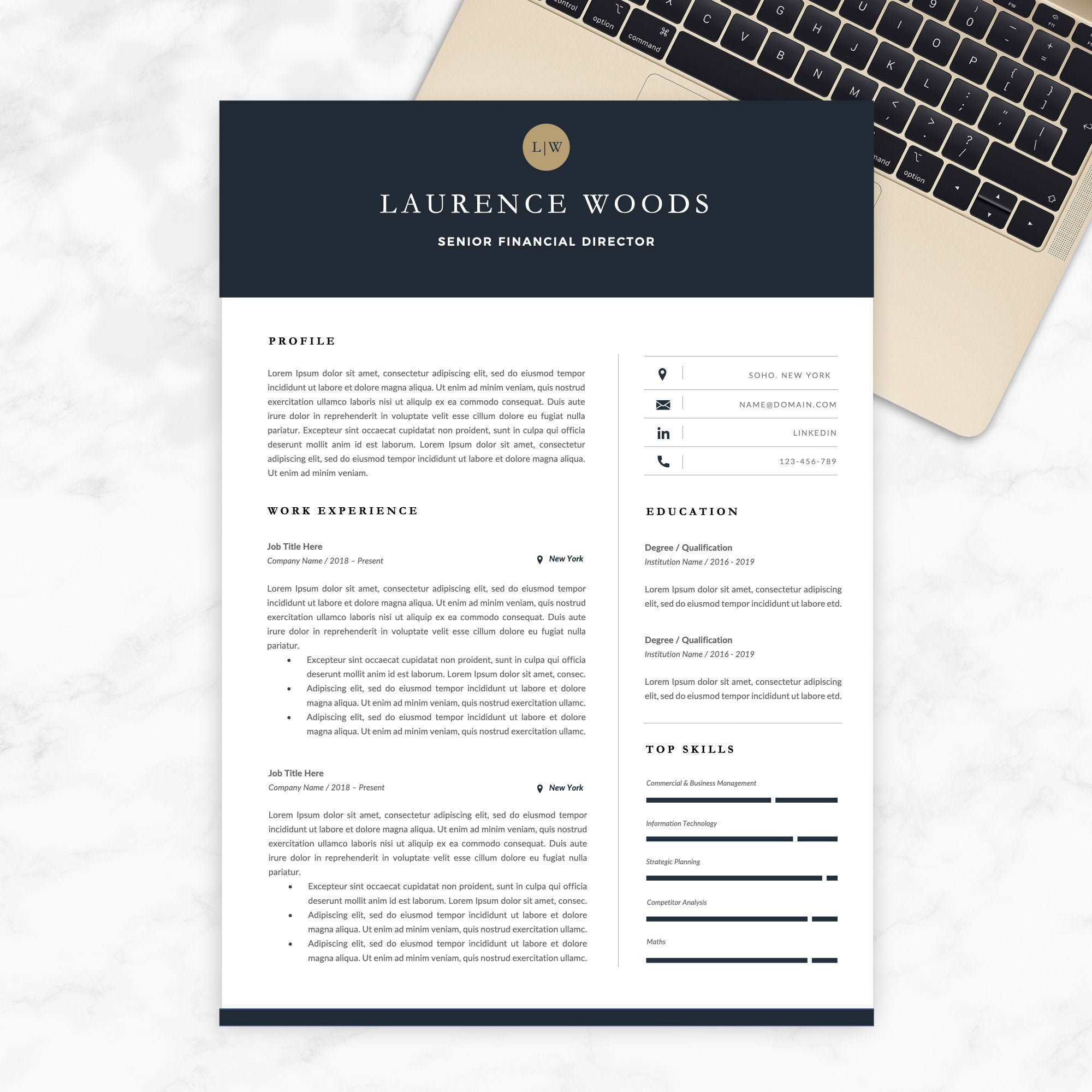 Resume Template 2 page Navy Blue CV Template Cover Letter | Etsy
