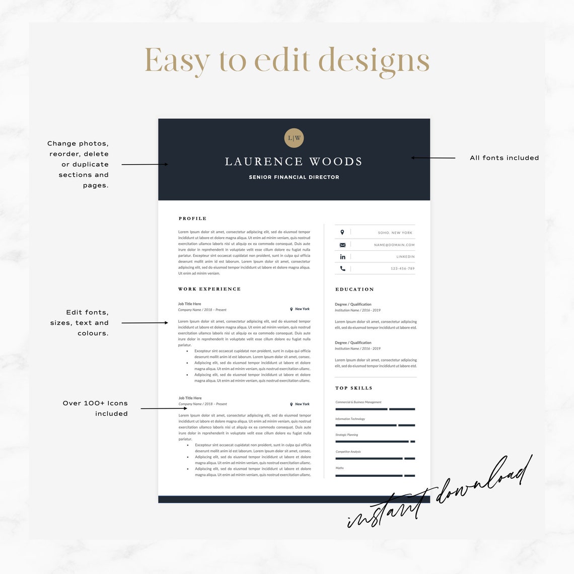 Resume Template 2 Page Navy Blue CV Template Cover Letter | Etsy