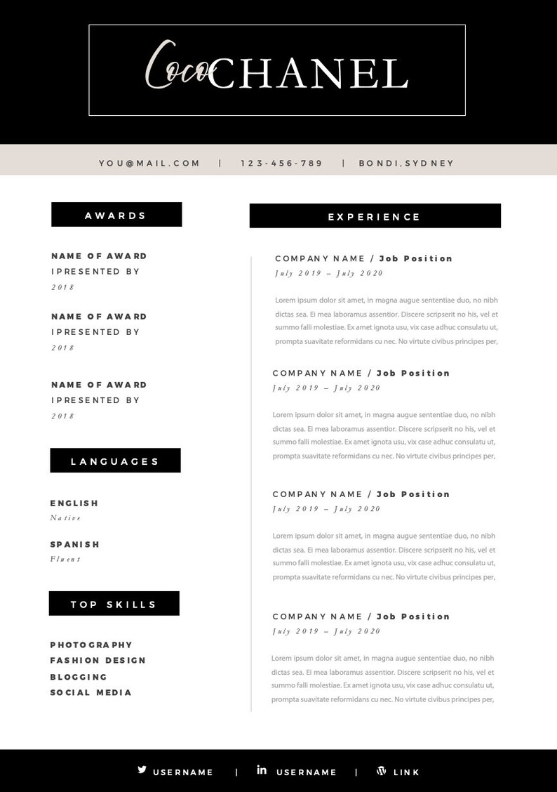 Resume Template 3 page Coco Chanel CV Template | Etsy