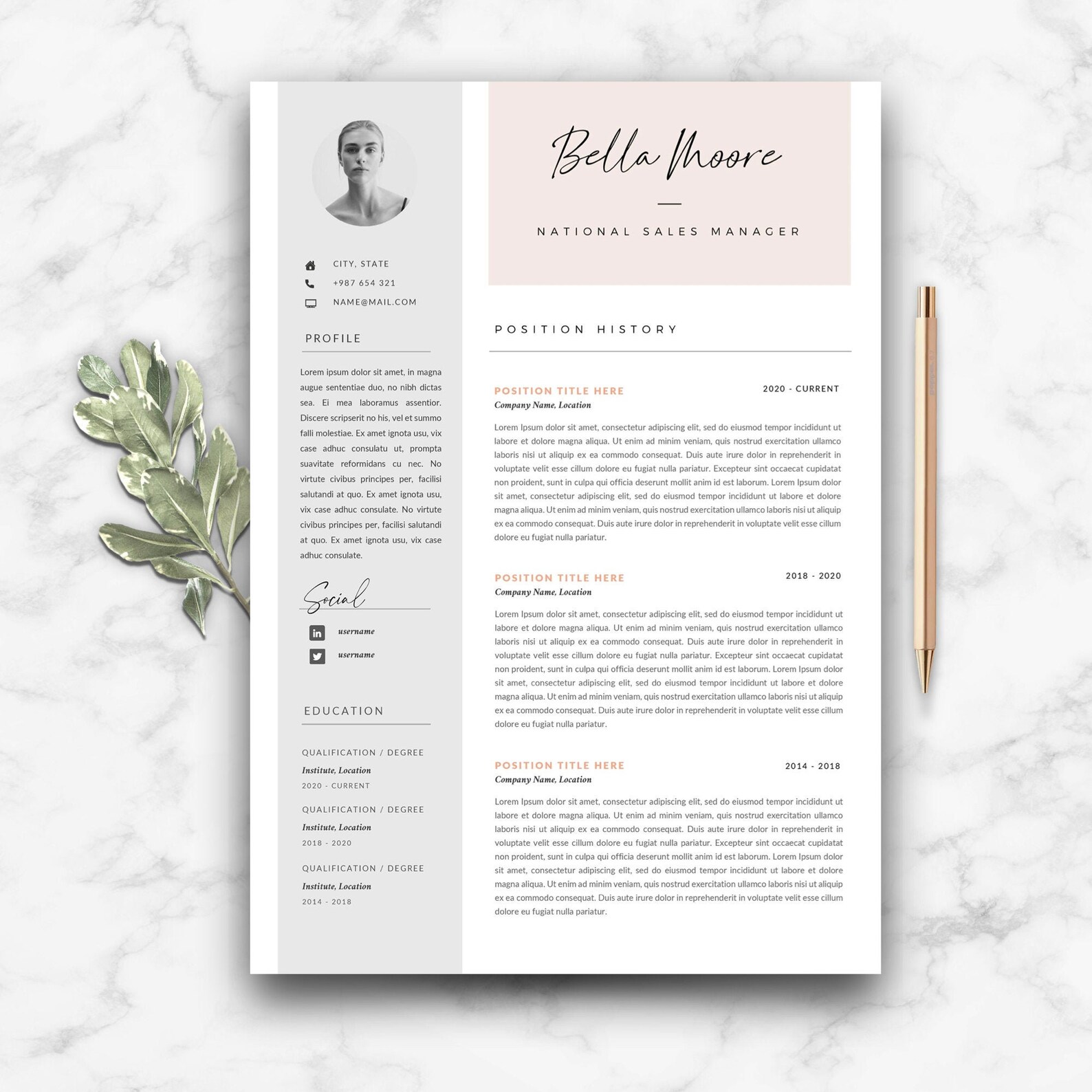 Pink Resume Template With Photo for Microsoft Word | "bella ...