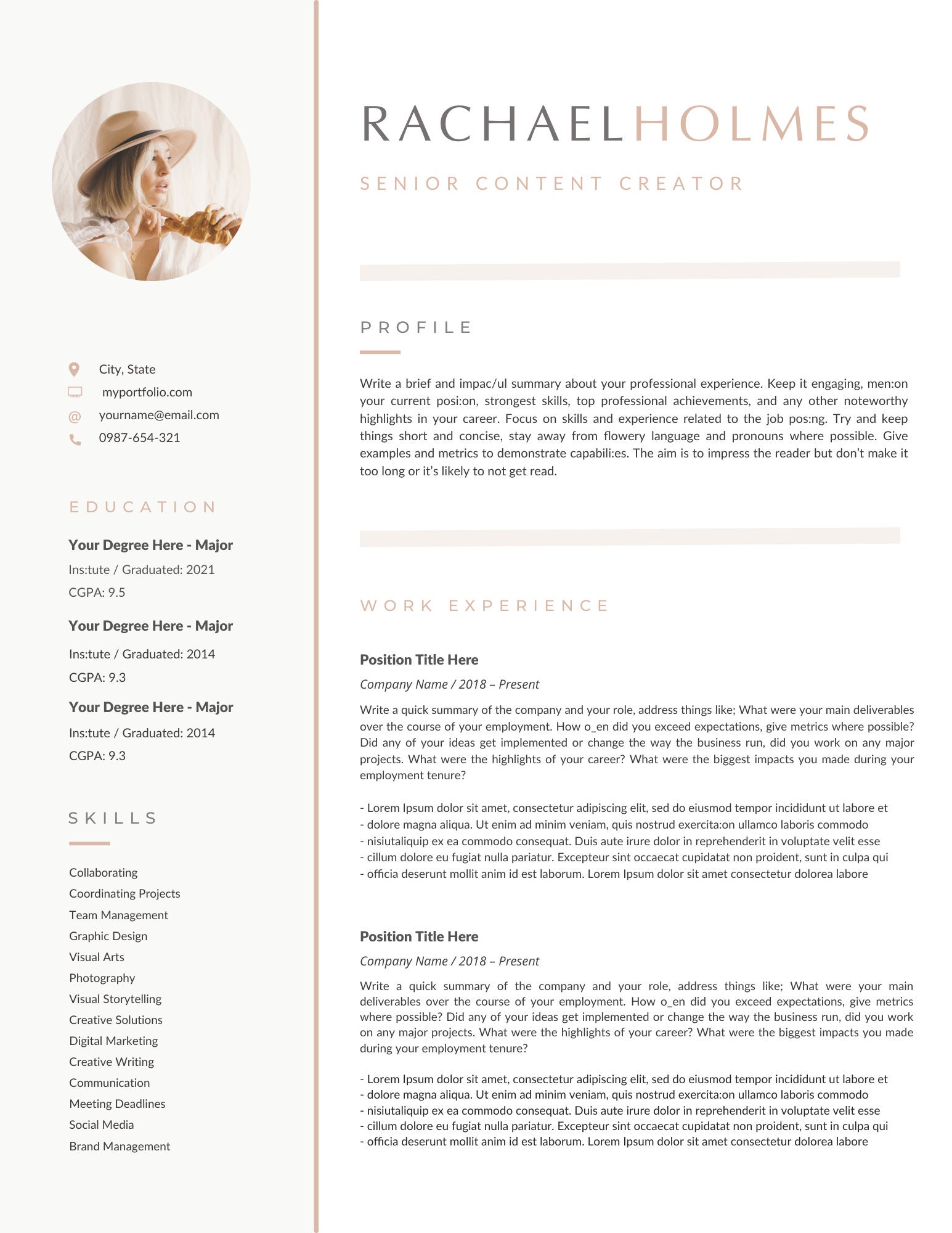 Rose Gold Resume Template for Canva Simple CV Cover Letter - Etsy Australia