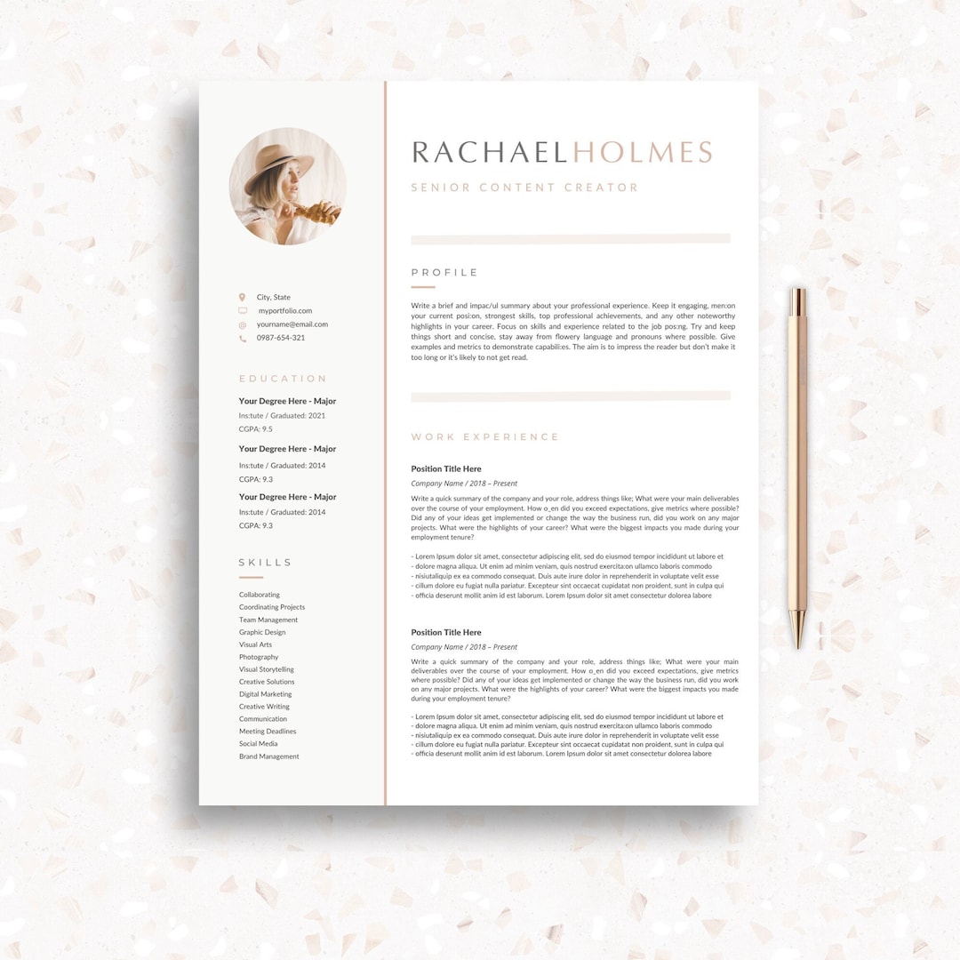 Rose Gold Resume Template for Canva | Simple CV Cover Letter and ...