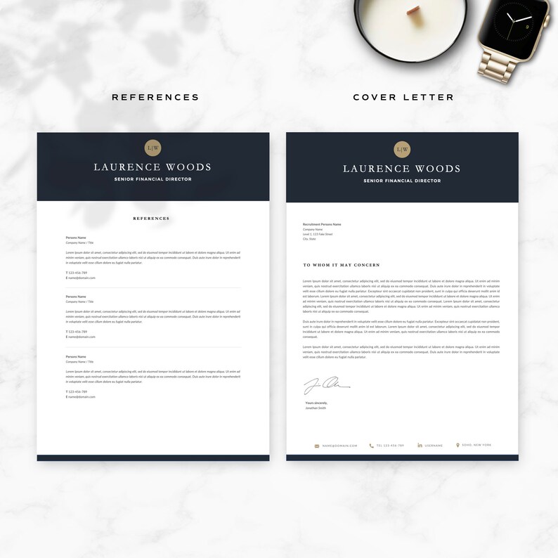 Resume Template 2 Page Navy Blue CV Template Cover Letter | Etsy