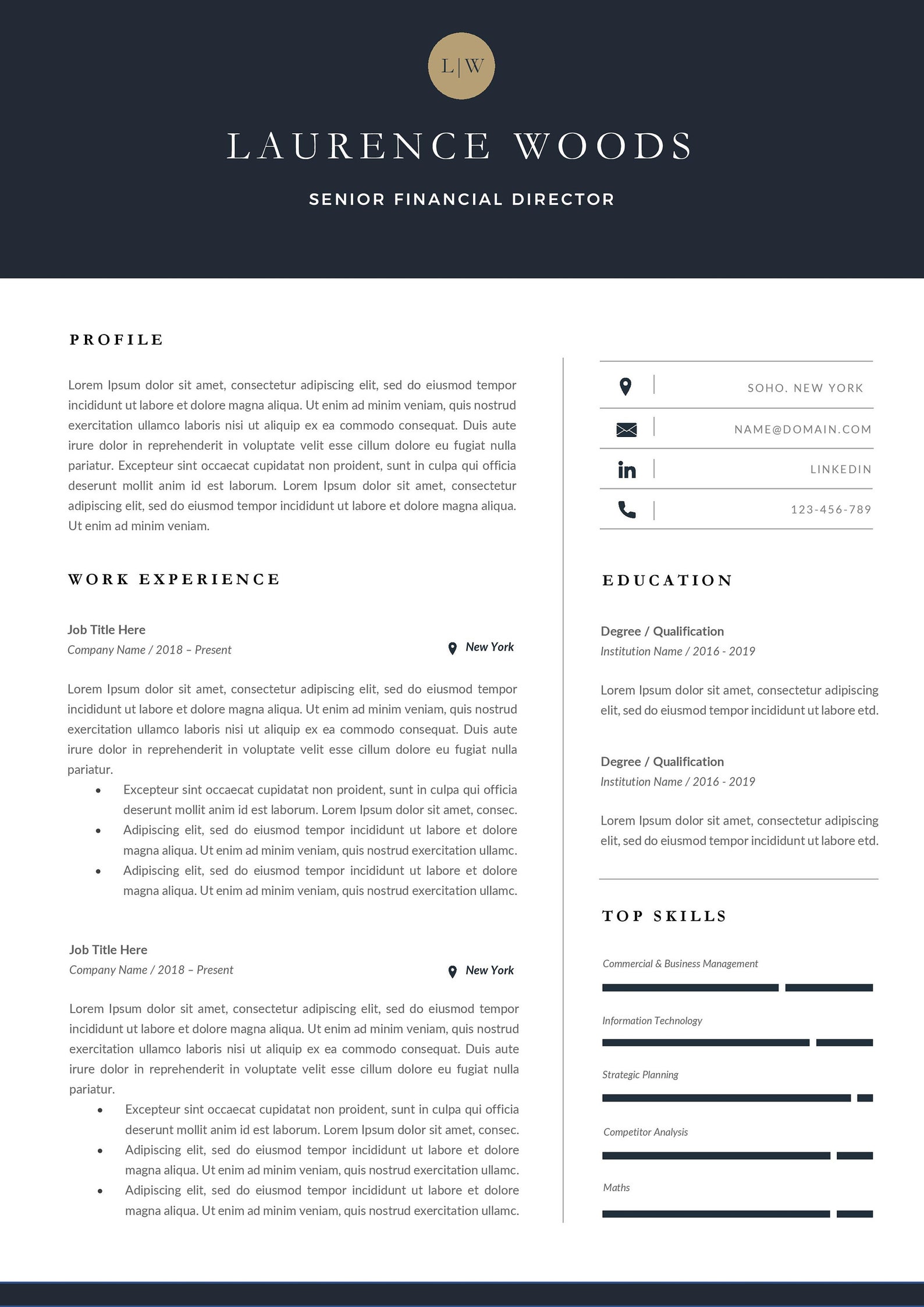 Resume Template 2 Page | Navy Blue CV Template + Cover Letter for Word ...