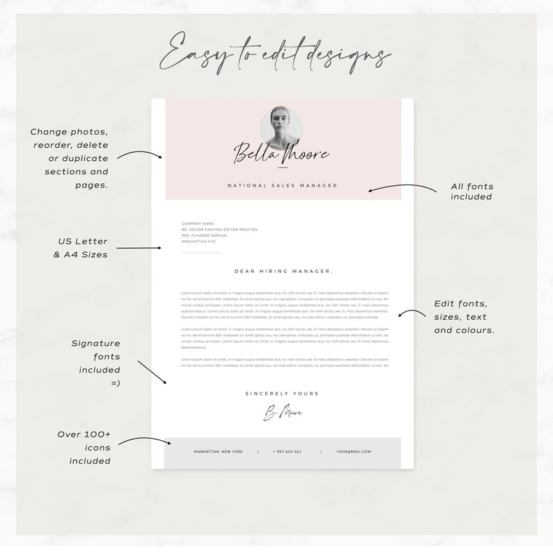 Pink Resume Template With Photo for Microsoft Word | "bella ...