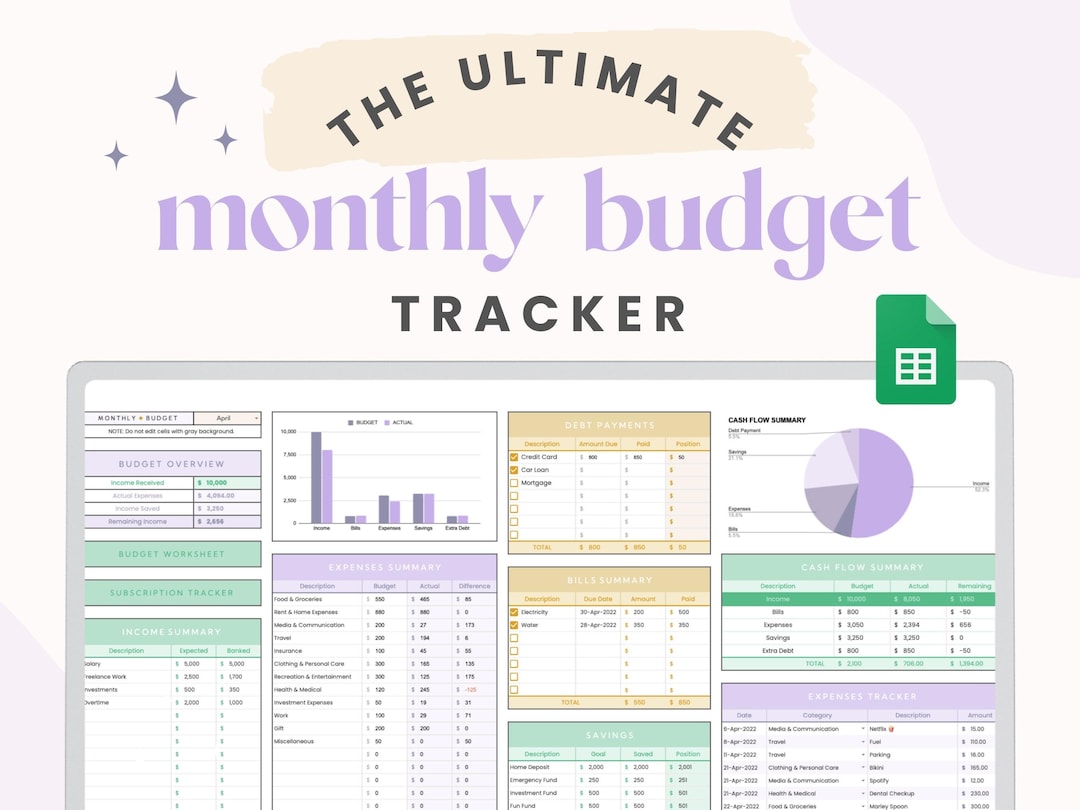 Monthly Budget Spreadsheet for Google Sheets Digital Budget Planner ...