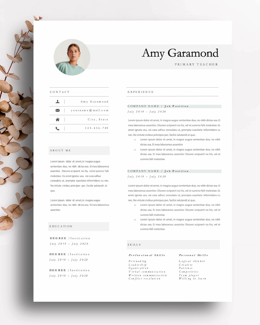 Resume Template 2 Page | CV Template + Cover Letter for MS Word ...
