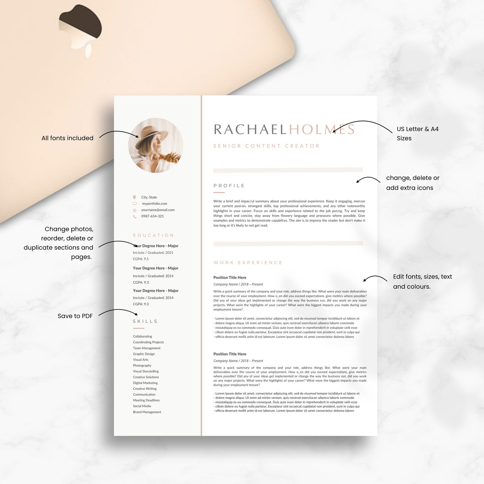 Rose Gold Resume Template for Canva Simple CV Cover Letter - Etsy Australia