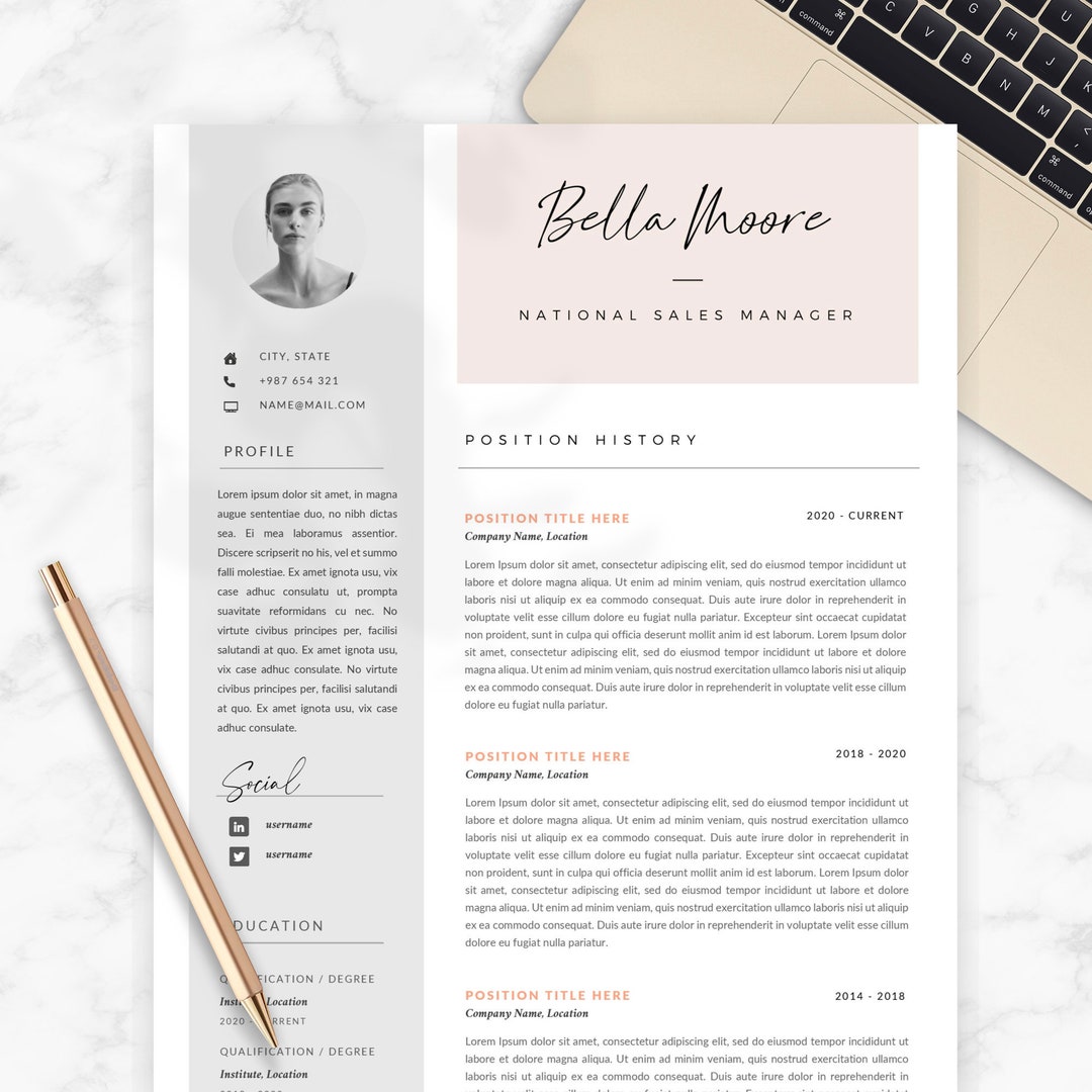 Pink Resume Template With Photo for Microsoft Word | "bella ...