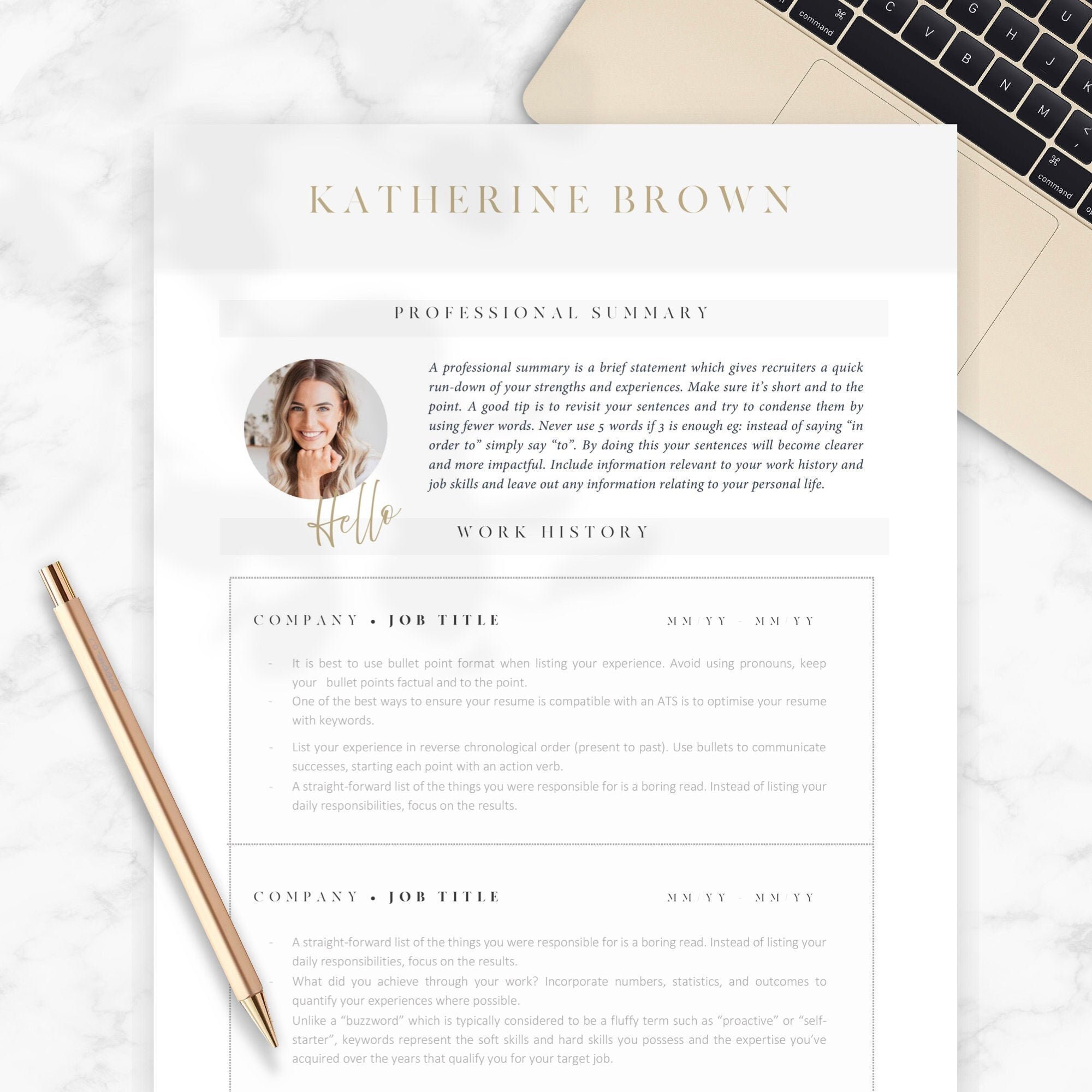 Gold Resume Template for Microsoft Word 'Goldleaf' | Etsy