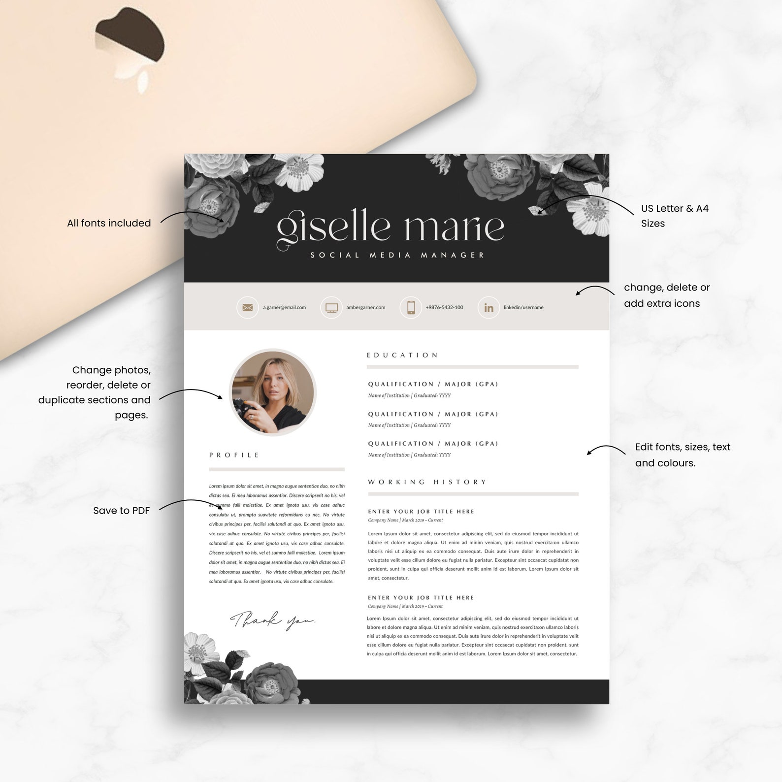 Resume Template for Canva | 2 Page CV Template + Cover Letter | Instant ...
