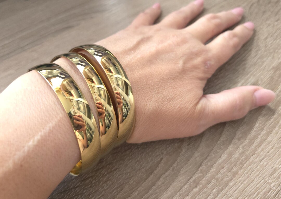 Set of 3 Extra Wide Gold STAINLESS STEEL Shiny Plain Chunky Stacking ...