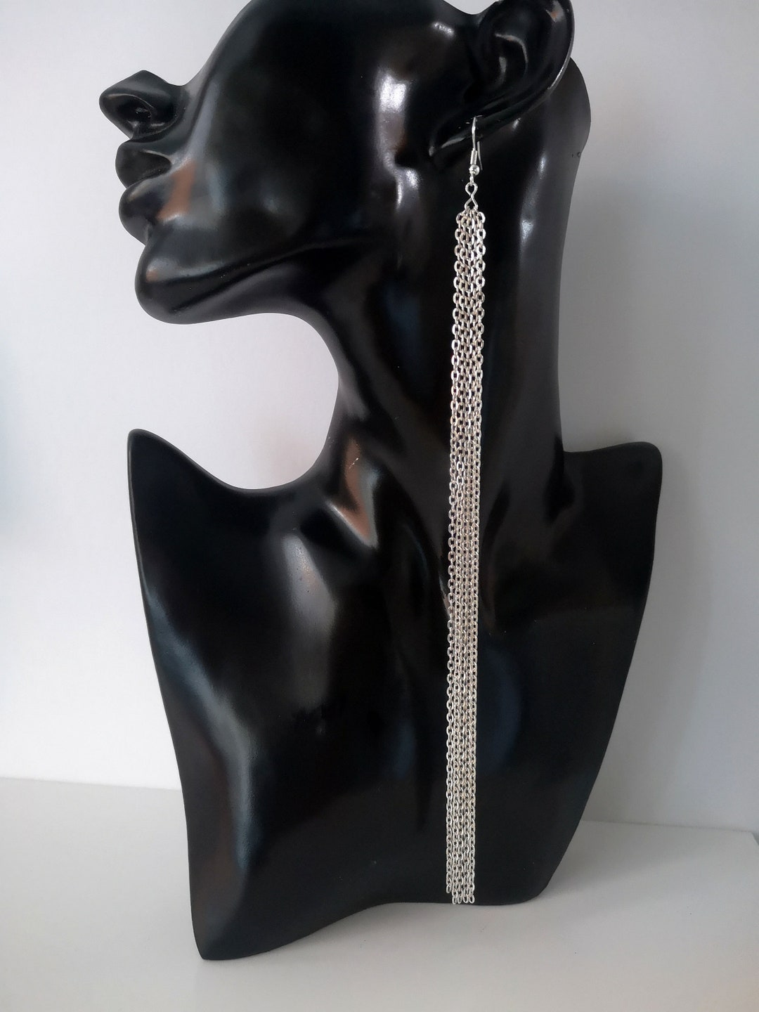 8 XTRA Long Silver Tone Waterfall Chain Tassel Drop Earrings Clip on ...