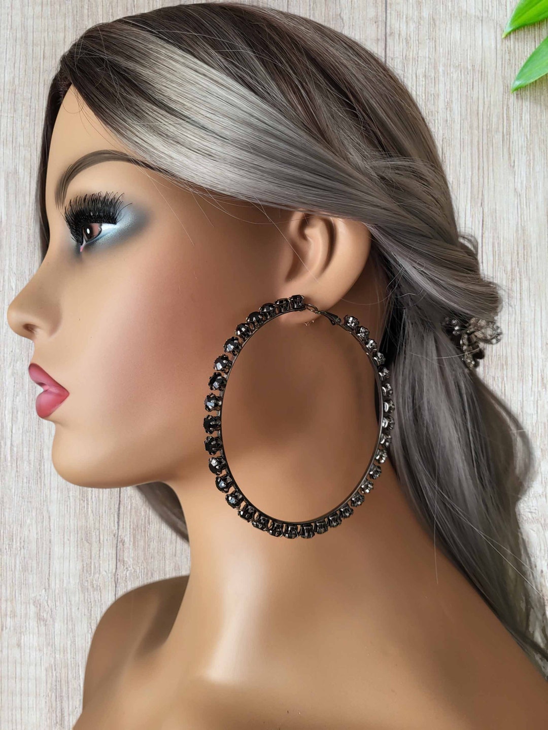 Big Clip on Hoop Earrings - 3.5" Black Chunky Diamante & Hematite ...
