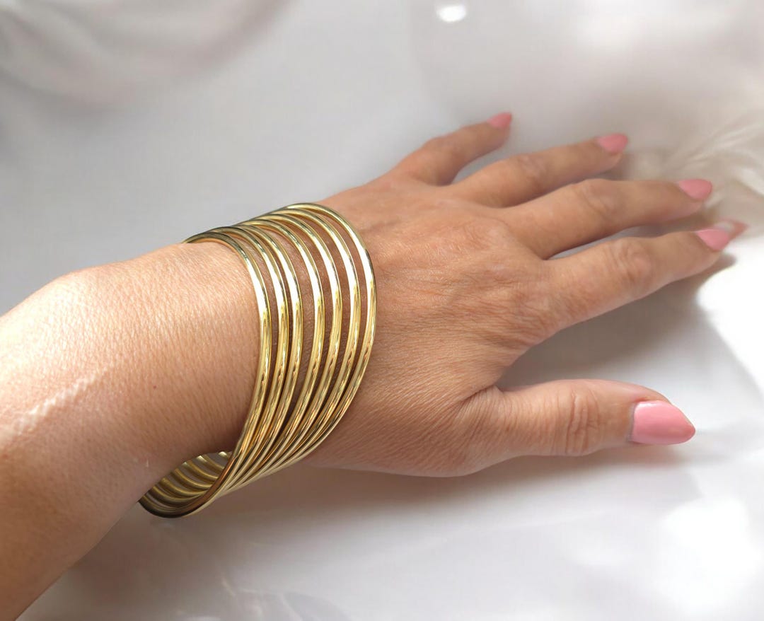 Set of 7 - 18k Gold Plated Stainless Steel Round Plain Bangles, Inner ...