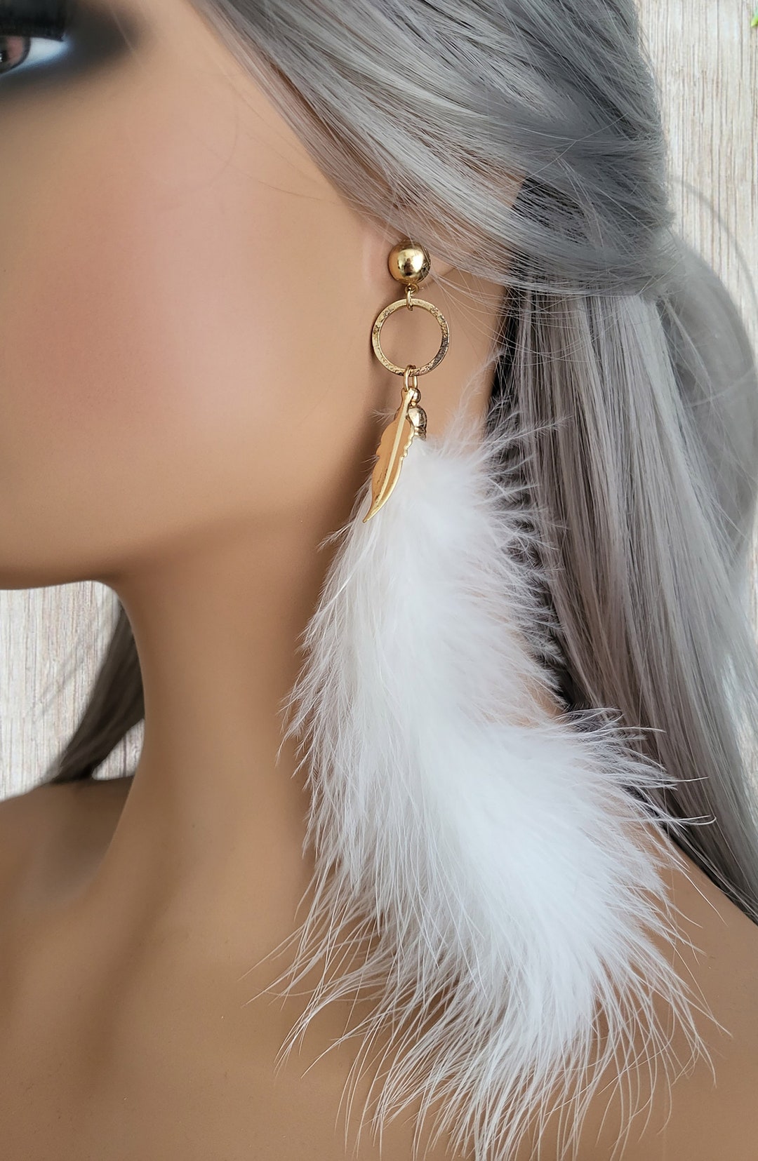 1 Pair of 7" Long White Feather Drop Earrings - CLIP ON or Pierced ...